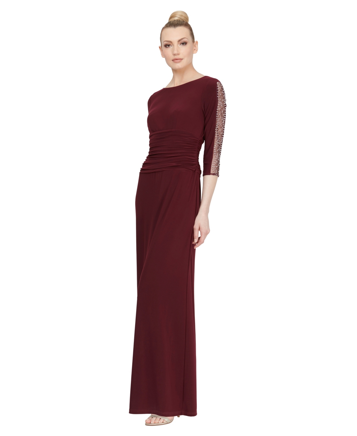 Click here for Sl Fashions Petite Ruched 3/4-Sleeve Gown - Fig prices