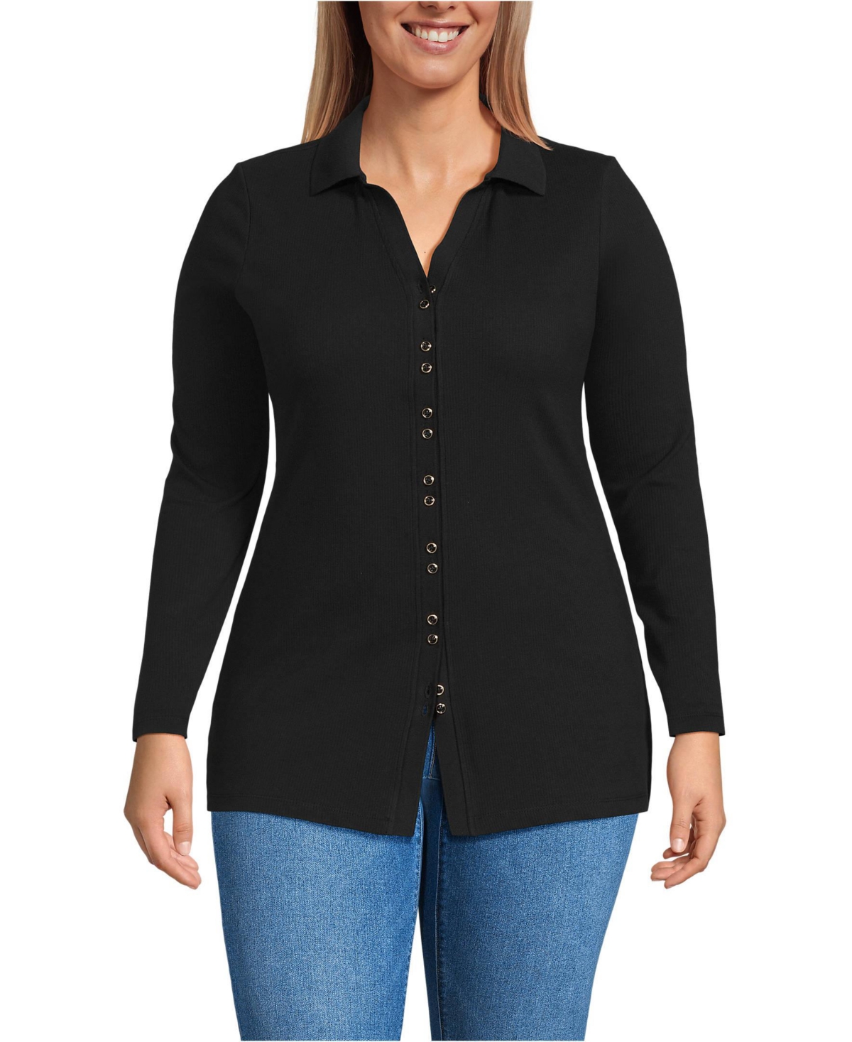 Click here for Lands End Plus Size Long Sleeve Polished Rib Butto... prices