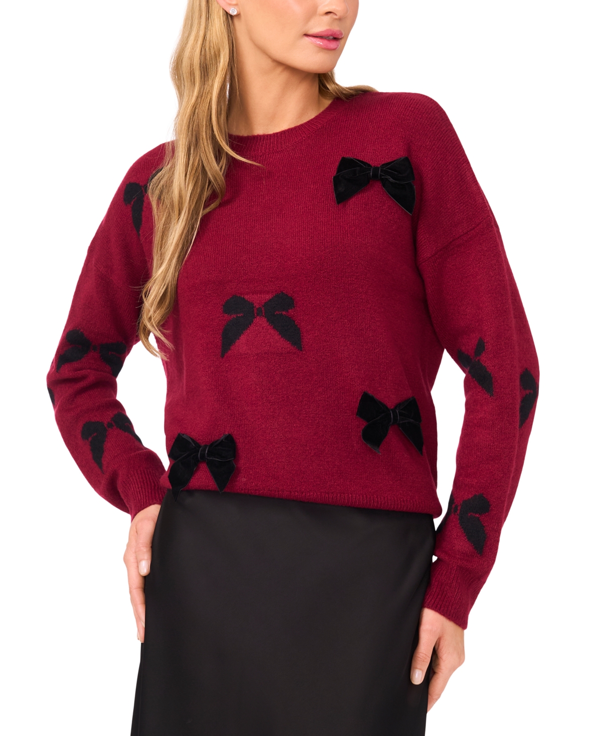 CeCe Womens Bow Applique Sweater - Deep Merlot