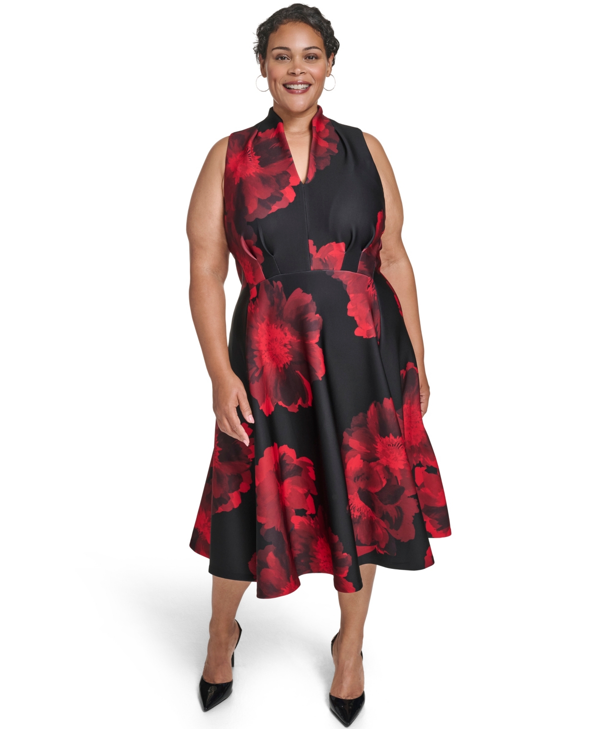 Calvin Klein Plus Size Floral Print Scuba Dress - Black/Red Multi