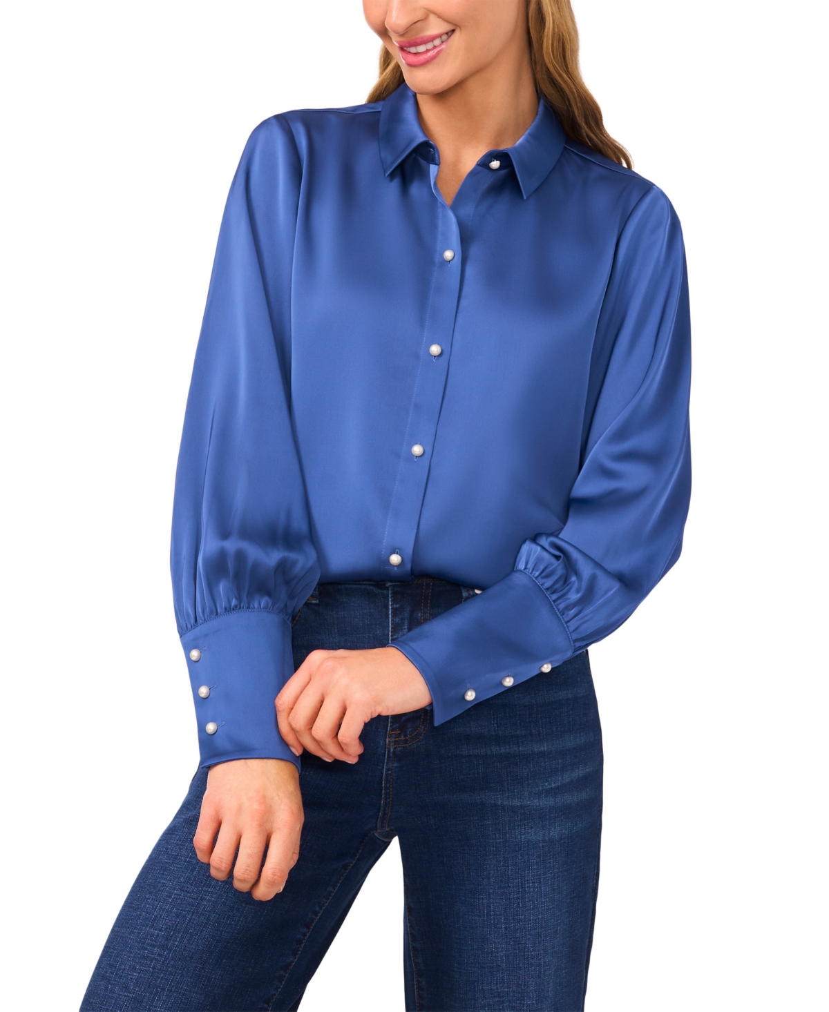 Click here for CeCe Womens Luxe Satin Imitation Pearl Button Down... prices