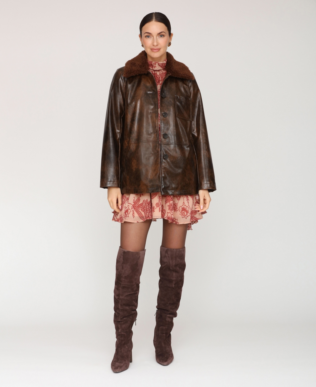 Avec Les Filles Womens Contrast Collar Coat - Chocolate