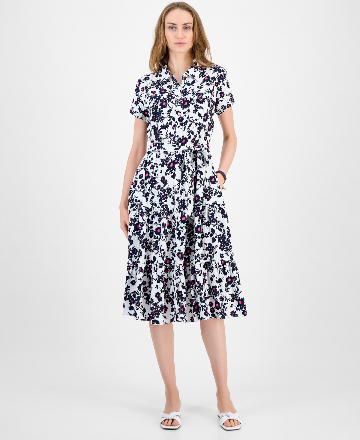 Click here for Tommy Hilfiger Womens Floral Belted Tiered Shirtdr... prices