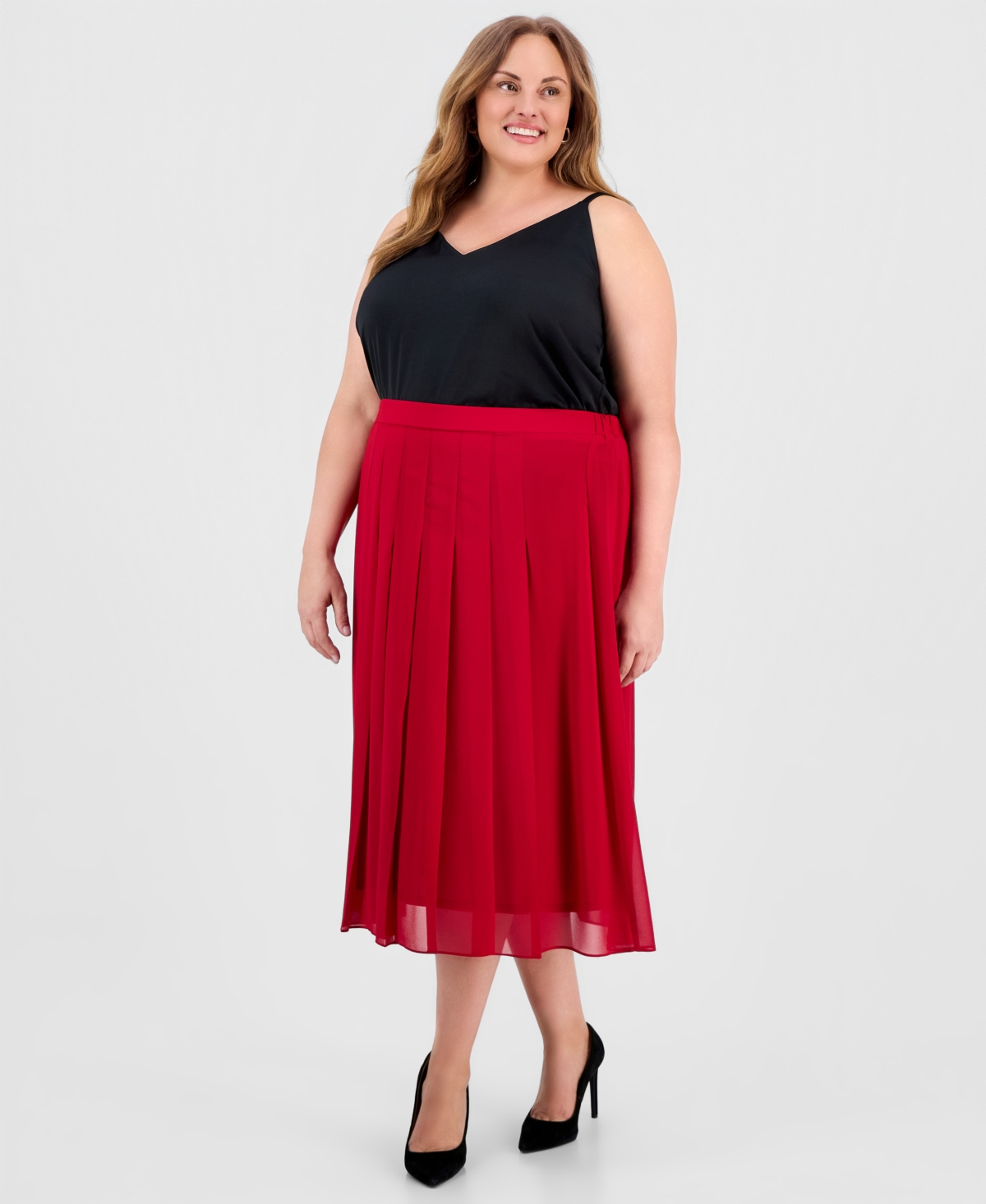 Click here for Kasper Plus Size Pull-On Pleated Midi Skirt - Fire... prices