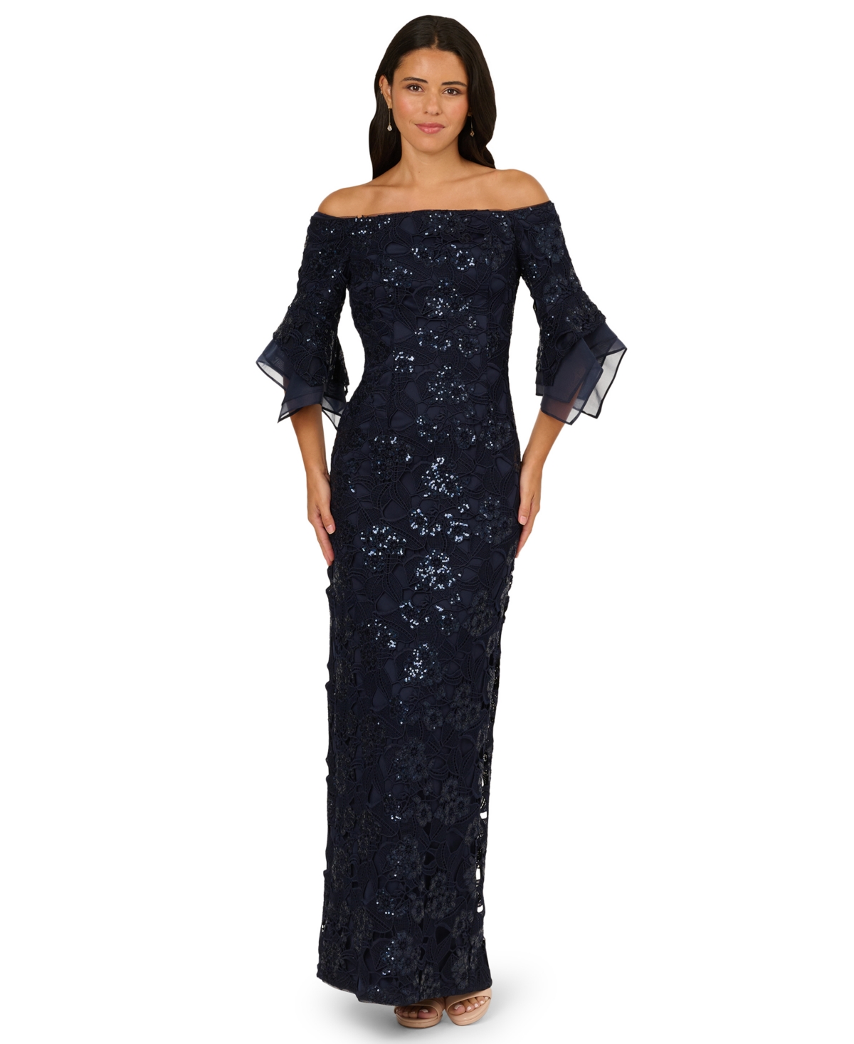 Adrianna Papell Womens Sequin Lace Off-The-Shoulder Dress - Blue