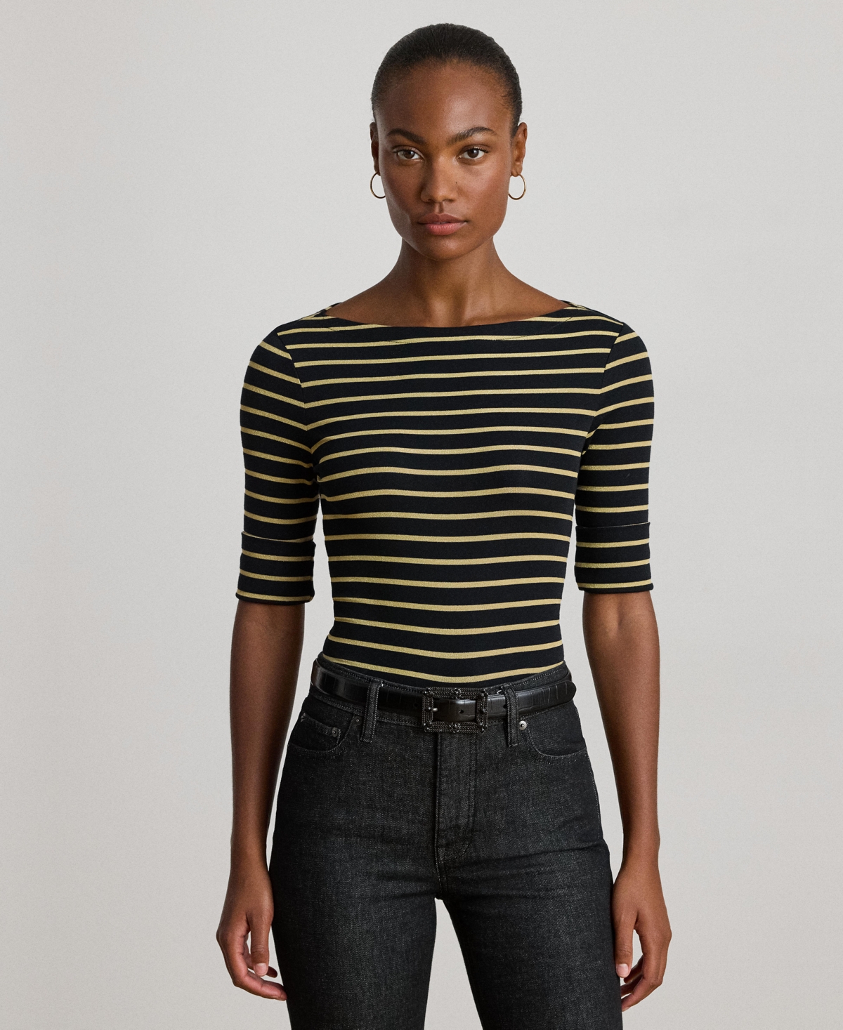Lauren Ralph Lauren Womens Striped Boatneck T-shirt - Black/gold Metallic