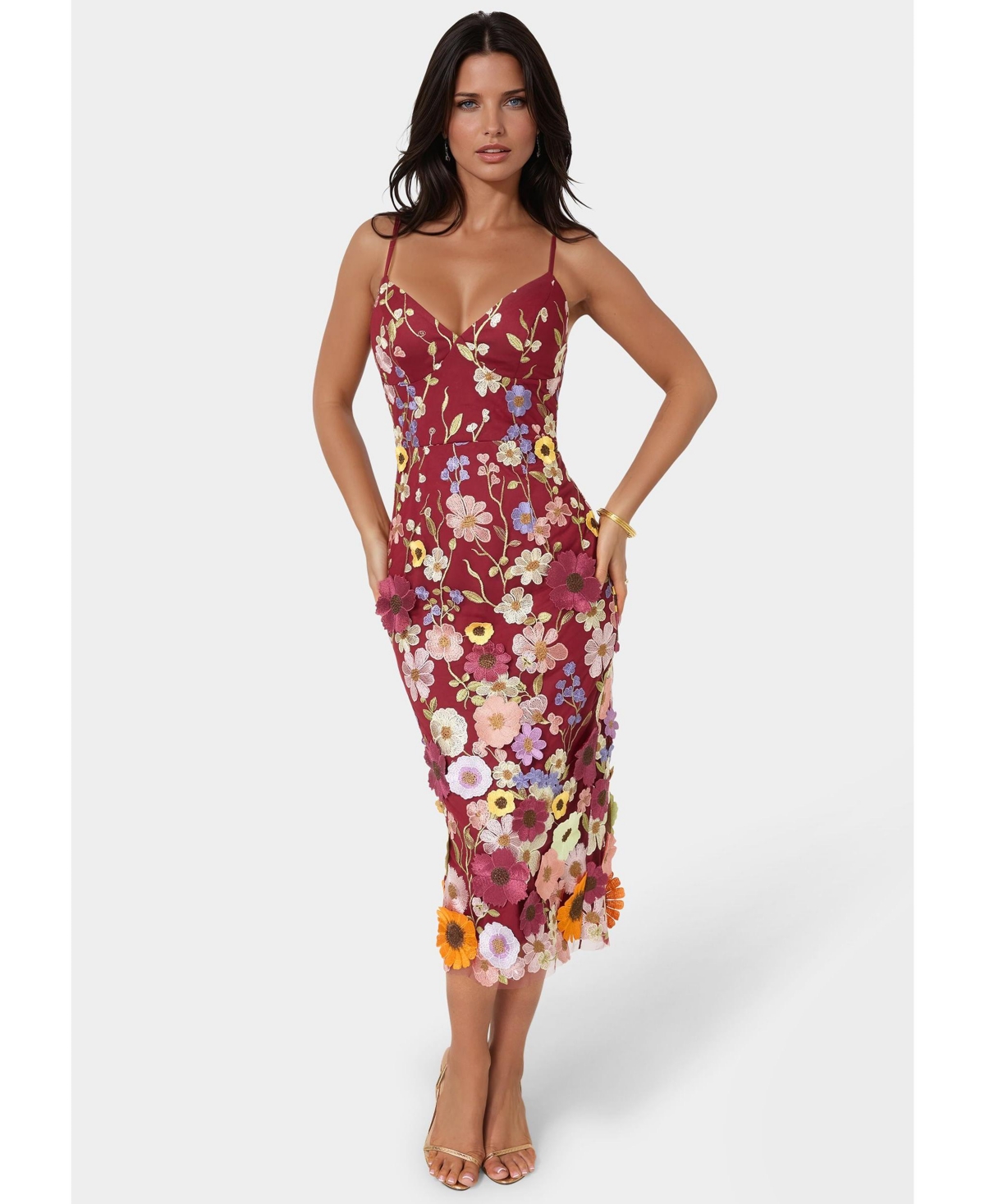 Click here for Bebe Womens 3D Floral Strappy V Midi Dress - Burgu... prices