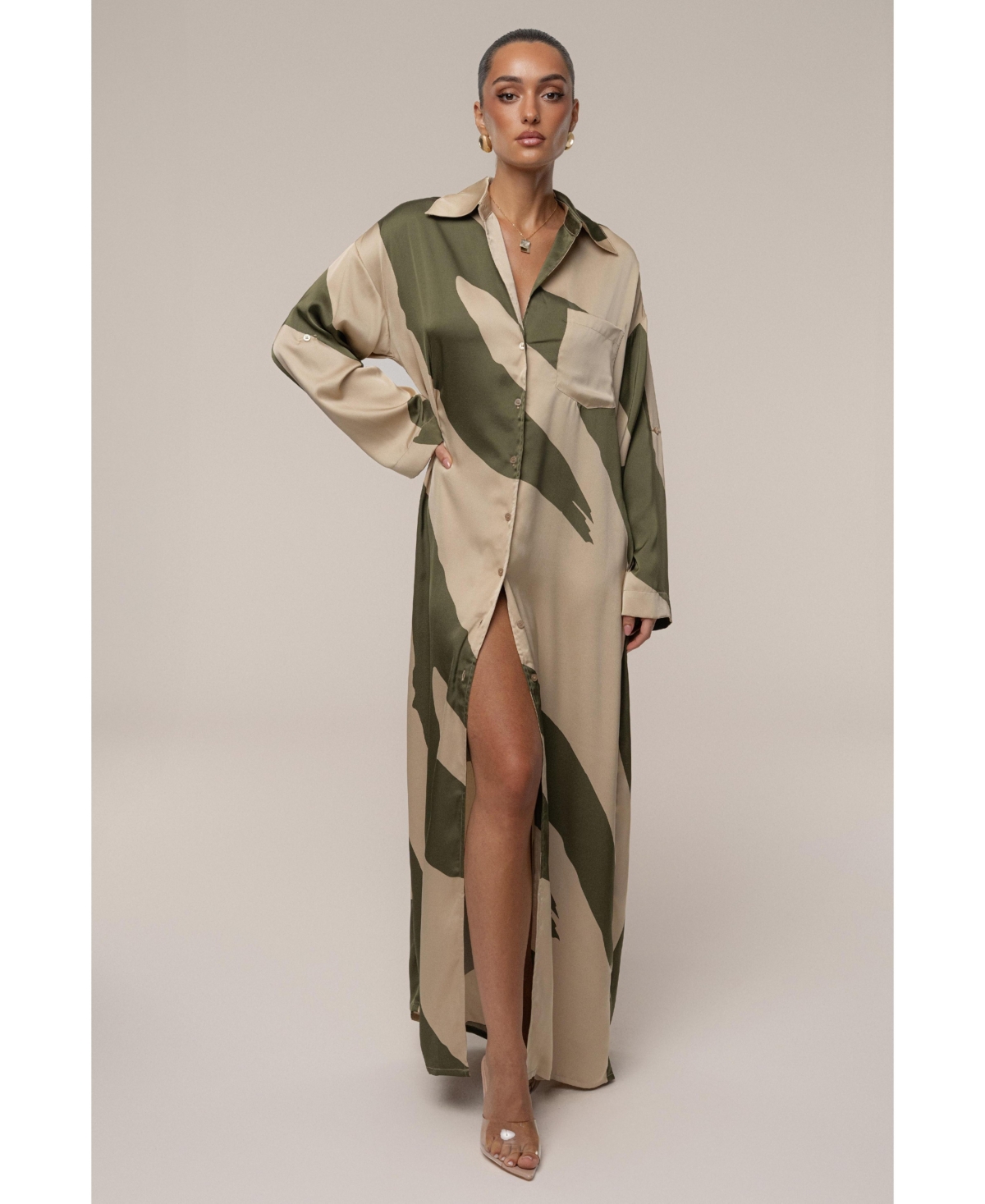 Click here for Jluxlabel Womens Satin Safari Maxi Dress - Green prices