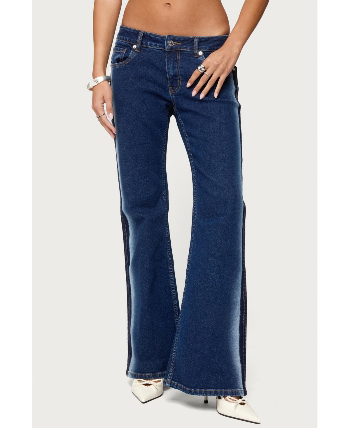 Click here for Edikted Womens Airbrushed Low Rise Flared Jeans -... prices
