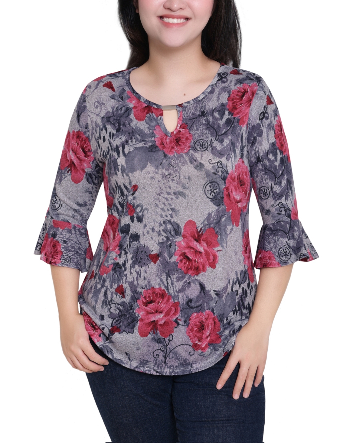 Click here for Ny Collection Petite Bell Sleeve Top - Gray Rose F... prices