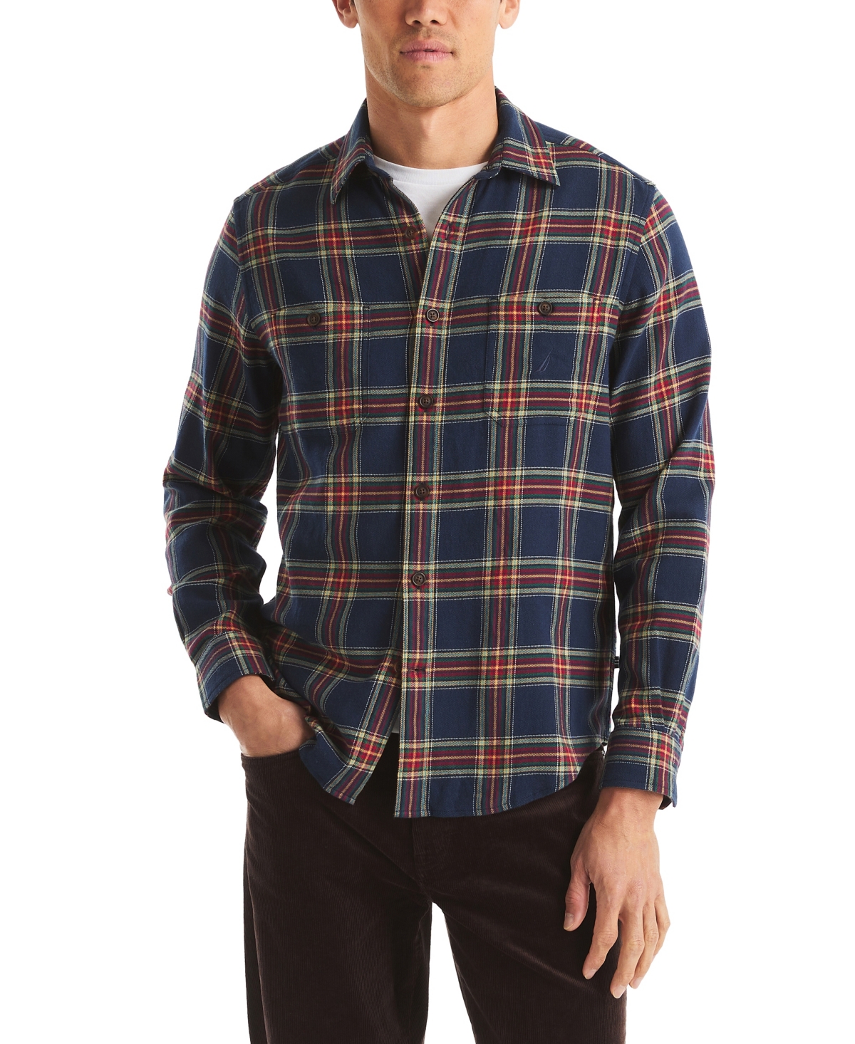 Click here for Nautica Mens Stretch Flannel Plaid Shirt - Navy Se... prices