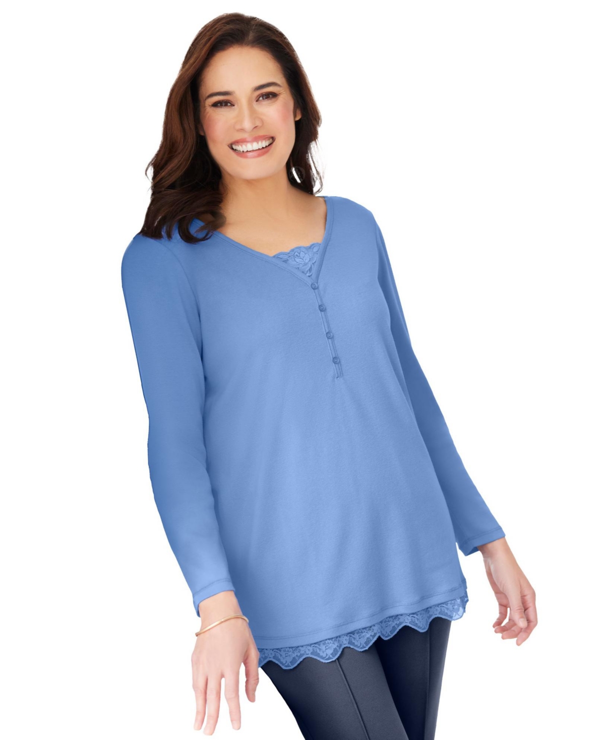 Click here for Woman Within Plus Size Layered-Look Lace Trim Tee... prices