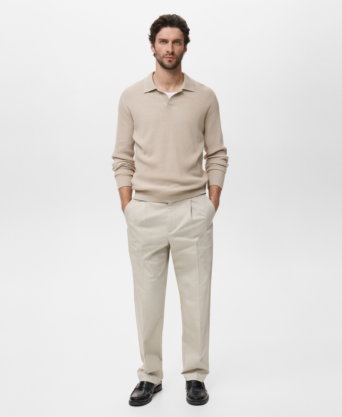 Click here for Mango Mens Cotton-Blend Ribbed Polo Sweater - Beig... prices