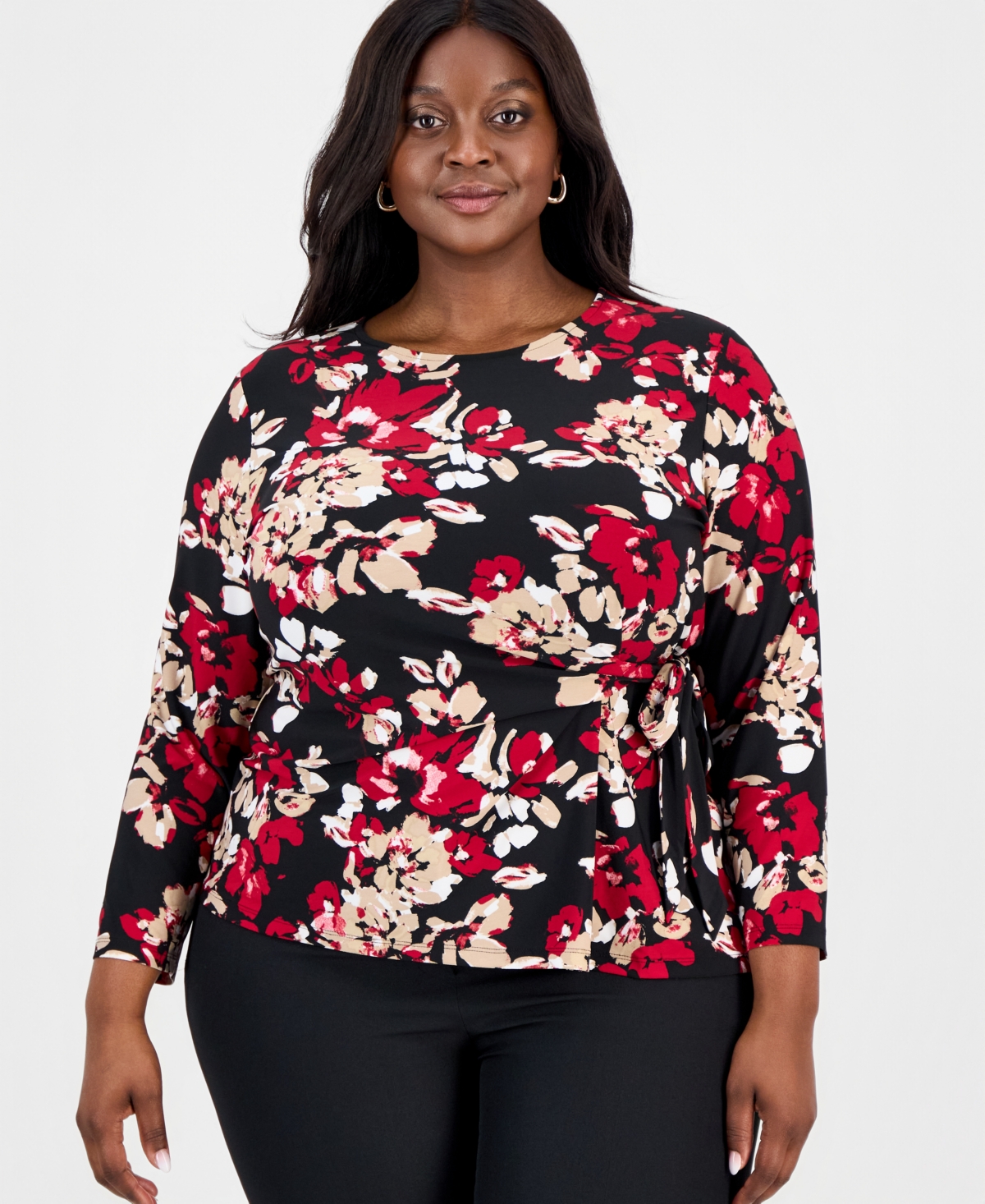 Click here for Kasper Plus Size Printed 3/4-Sleeve Tie-Waist Top... prices