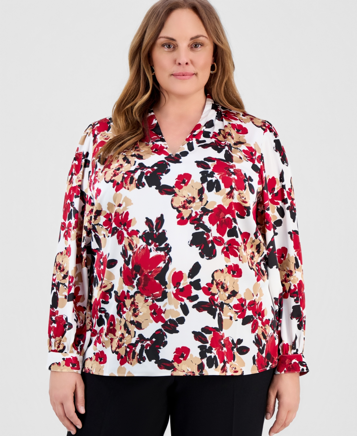Click here for Kasper Plus Size Printed Satin V-Neck Top - Vanill... prices