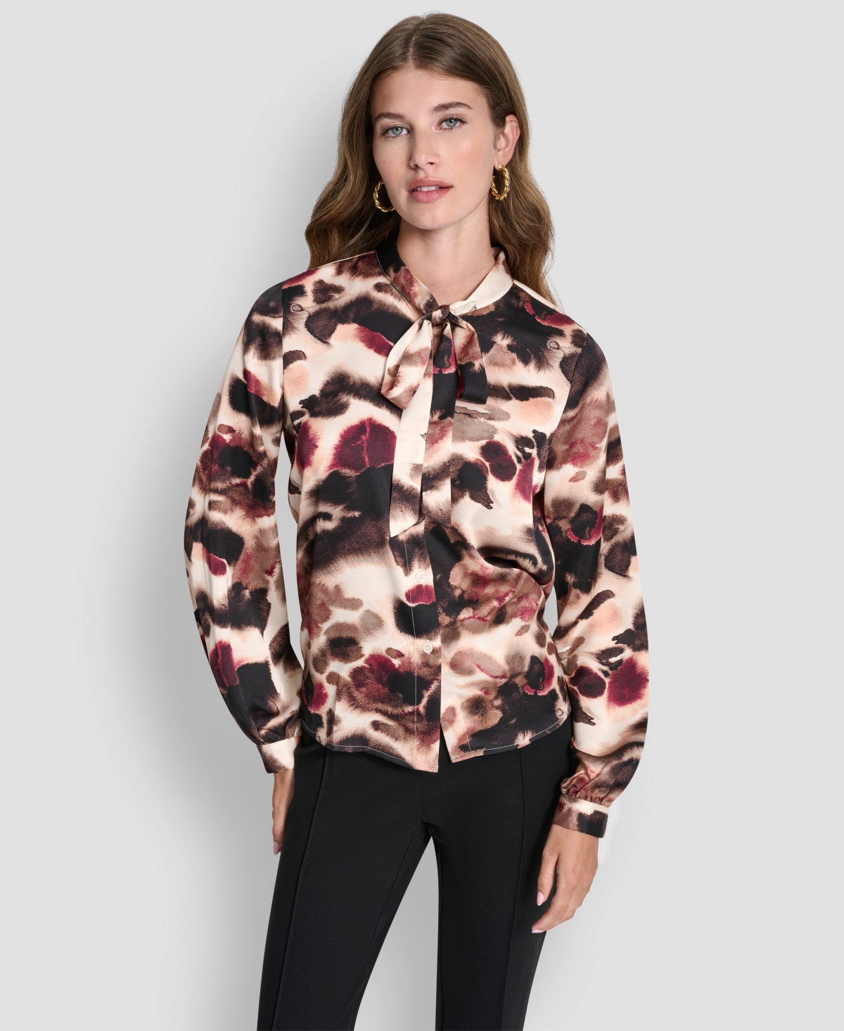 Click here for Dkny Petite Necktie Long-Sleeve Top - Blonde/truff... prices