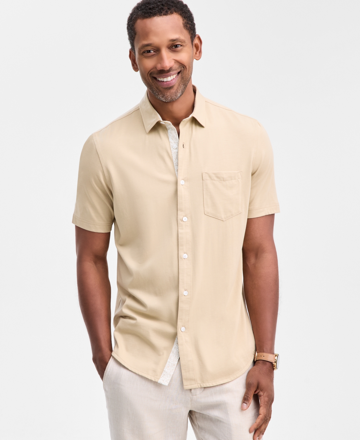 Click here for Club Room Mens Solid Short-Sleeve Button-Up Knit S... prices