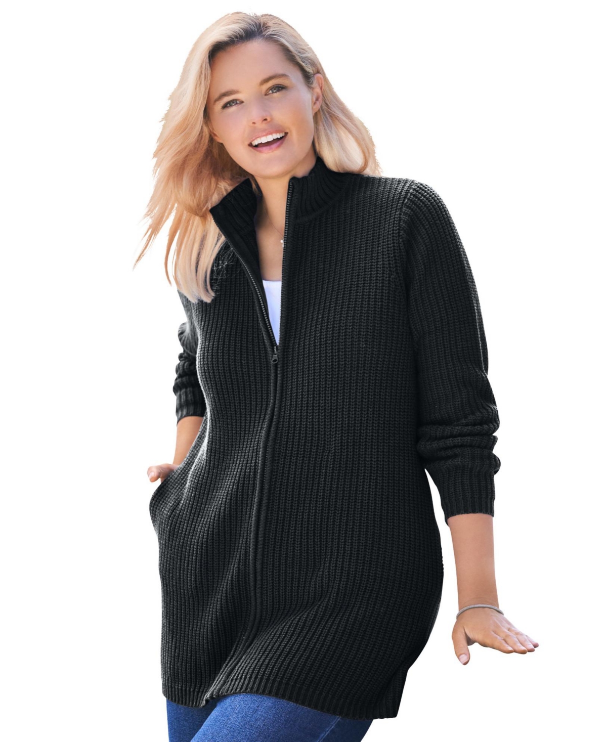 Click here for Woman Within Plus Size Zip Front Shaker Cardigan -... prices