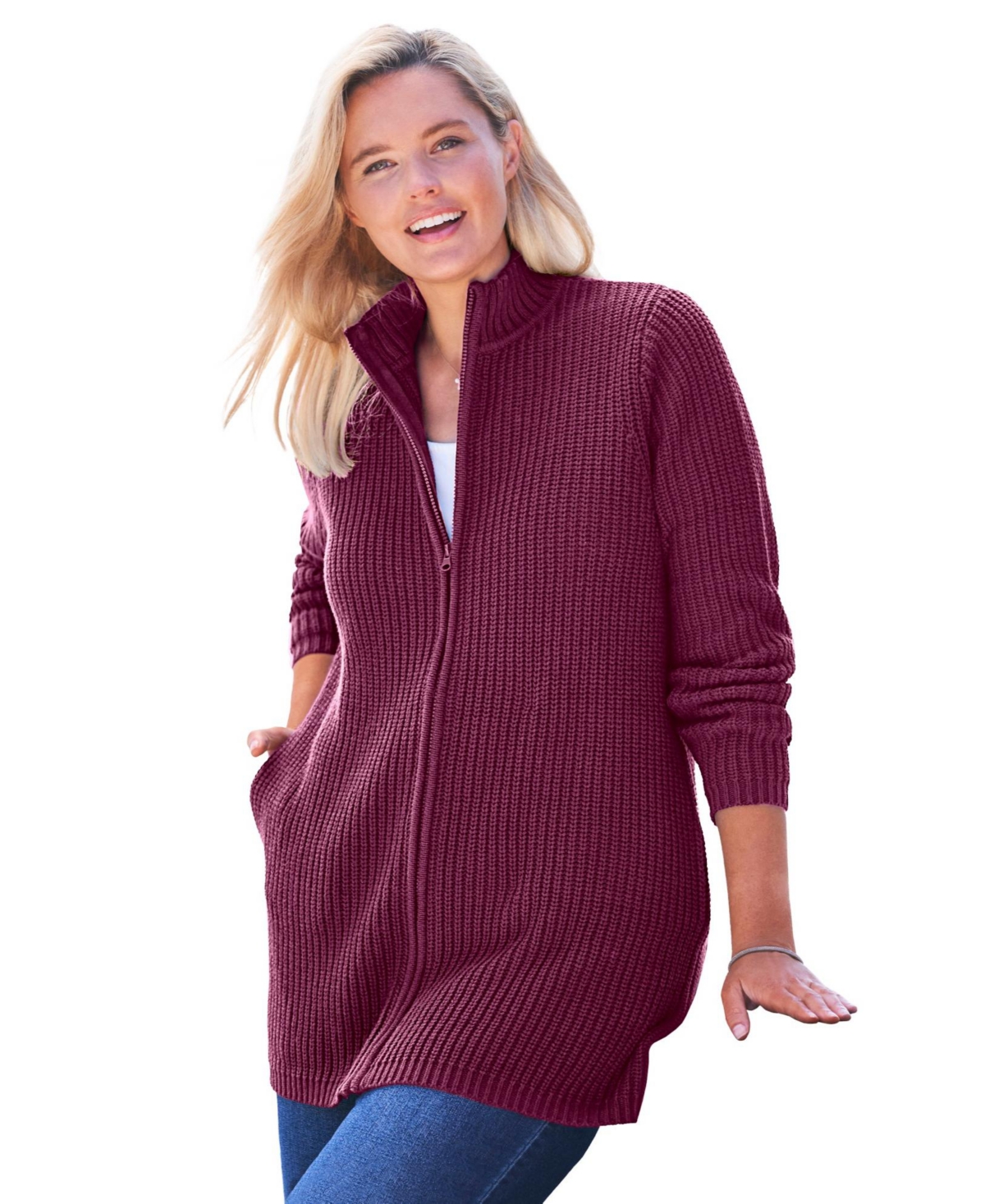 Click here for Woman Within Plus Size Zip Front Shaker Cardigan -... prices