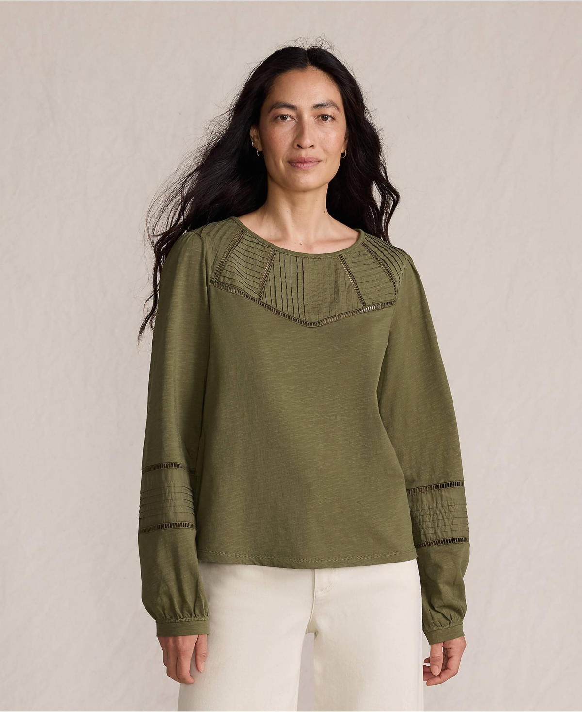 Click here for Lands End Womens Long Sleeve Slub Pintuck Top - Ol... prices