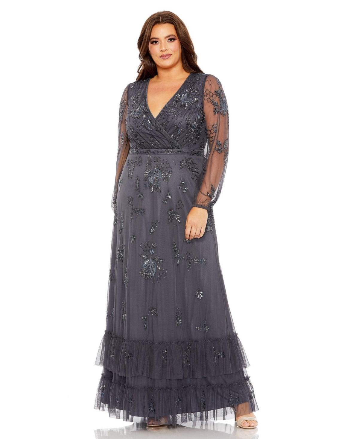 Click here for Mac Duggal Womens Puff Sleeve V-Neck Tiered Embell... prices