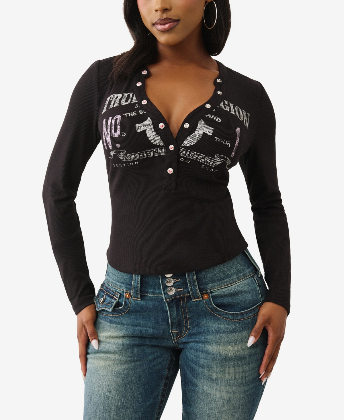 Click here for True Religion Womens Ls Printed Ribbed Henley Top... prices
