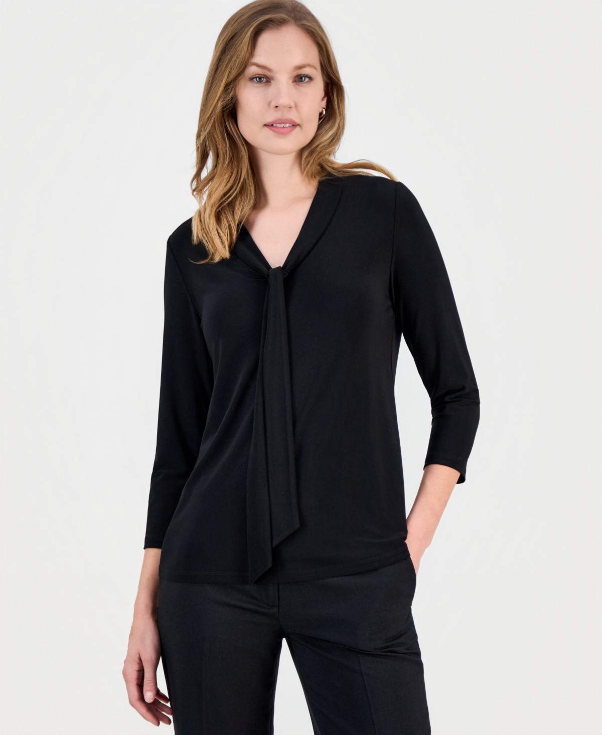 Click here for Kasper Womens 3/4-Sleeve Tie-Neck Top - Black prices