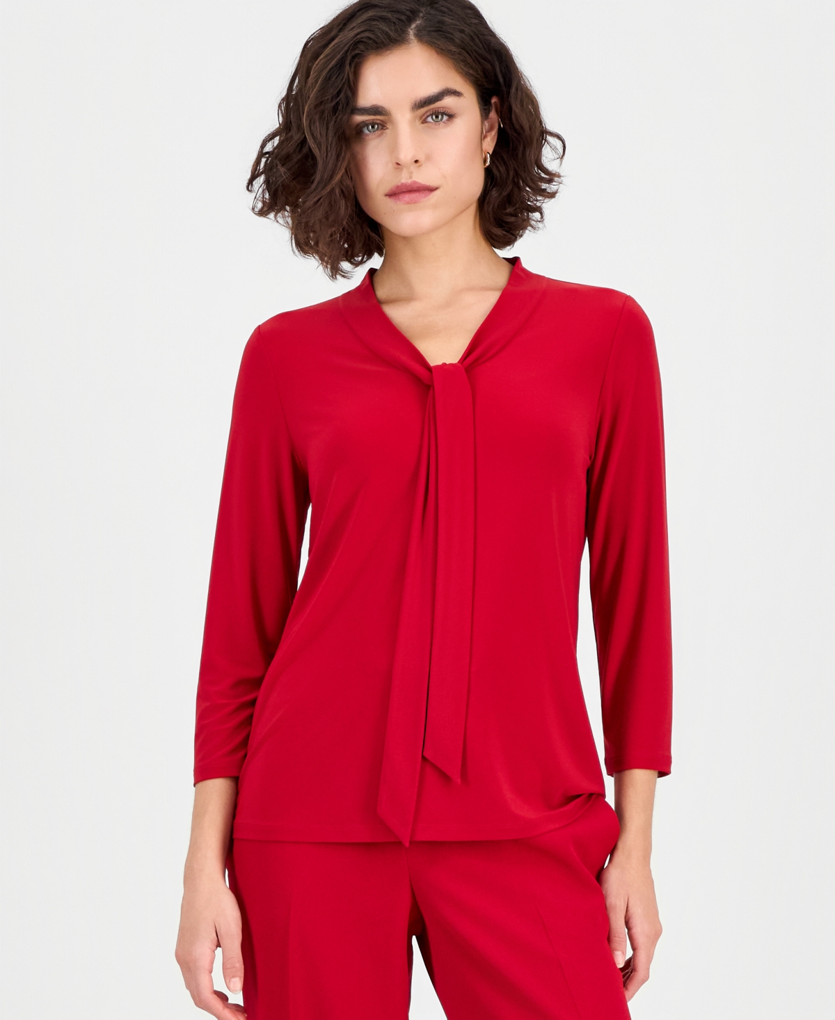 Click here for Kasper Womens 3/4-Sleeve Tie-Neck Top  Regular & P... prices