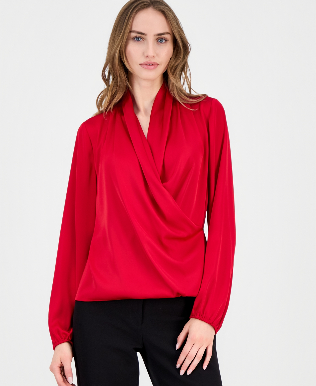 Click here for T Tahari Womens Long-Sleeve Draped Wrap Blouse - L... prices