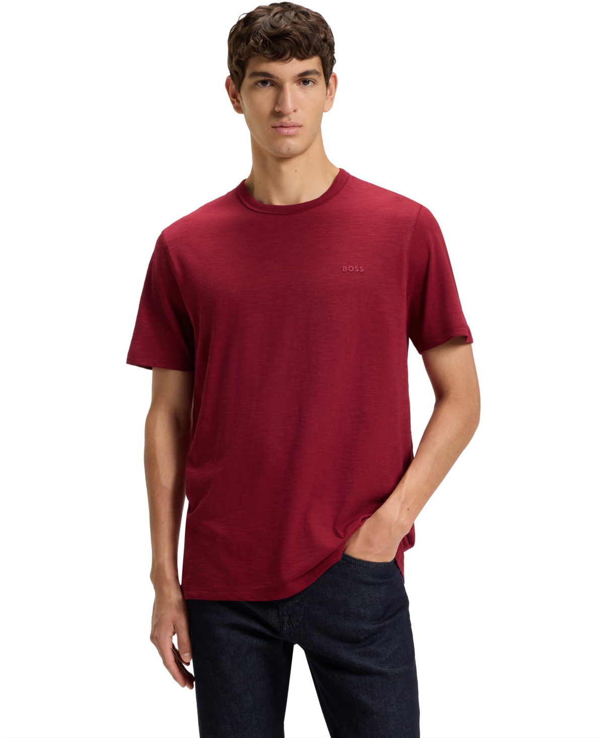 Boss by Hugo Boss Mens Slub-Cotton Logo Detail T-Shirt - Medium Red