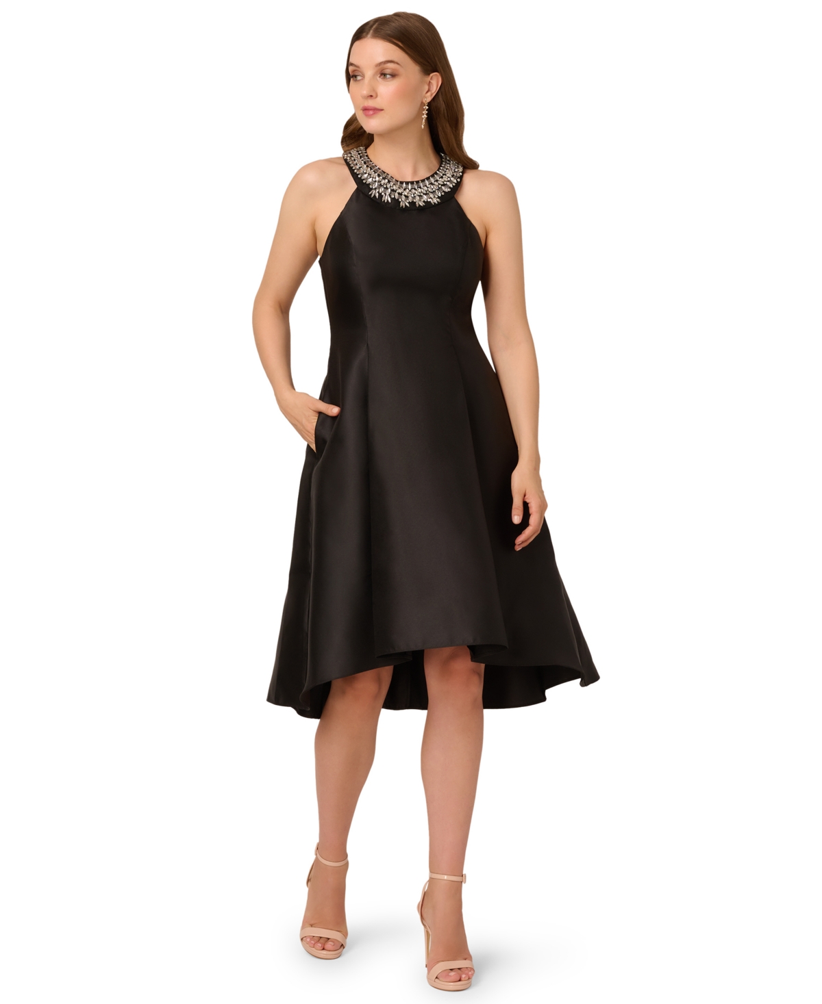 Adrianna Papell Womens Beaded Mikado Midi Dress - Black