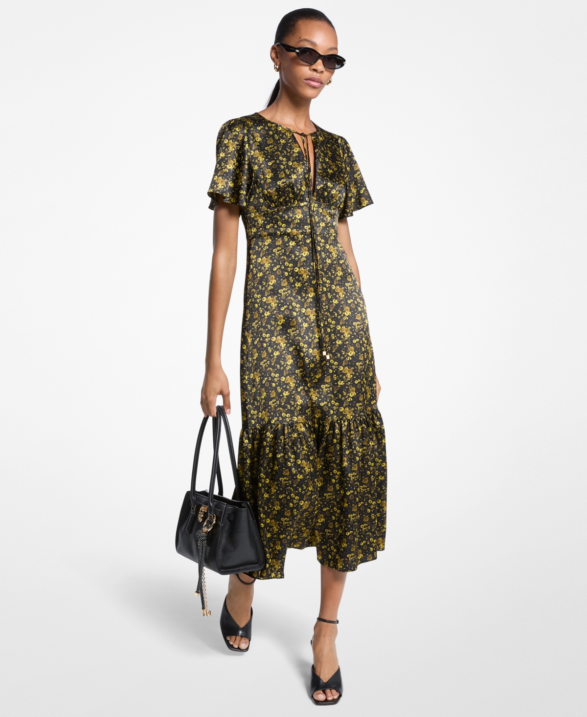Click here for Michael Kors Womens Ruffled Sleeve Floral Midi Dre... prices