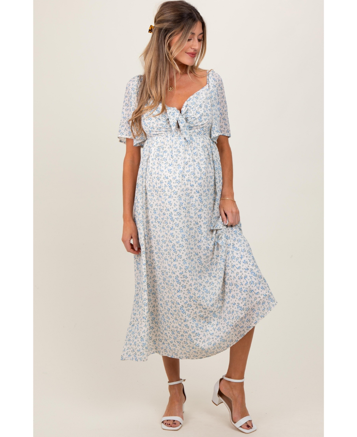Click here for Pinkblush Maternity Blue Floral Front Tie Midi Dre... prices