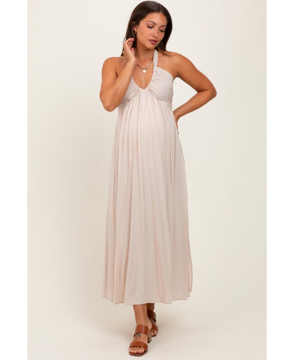 Click here for Pinkblush Cream Halter Neck Side Slit Maternity Mi... prices