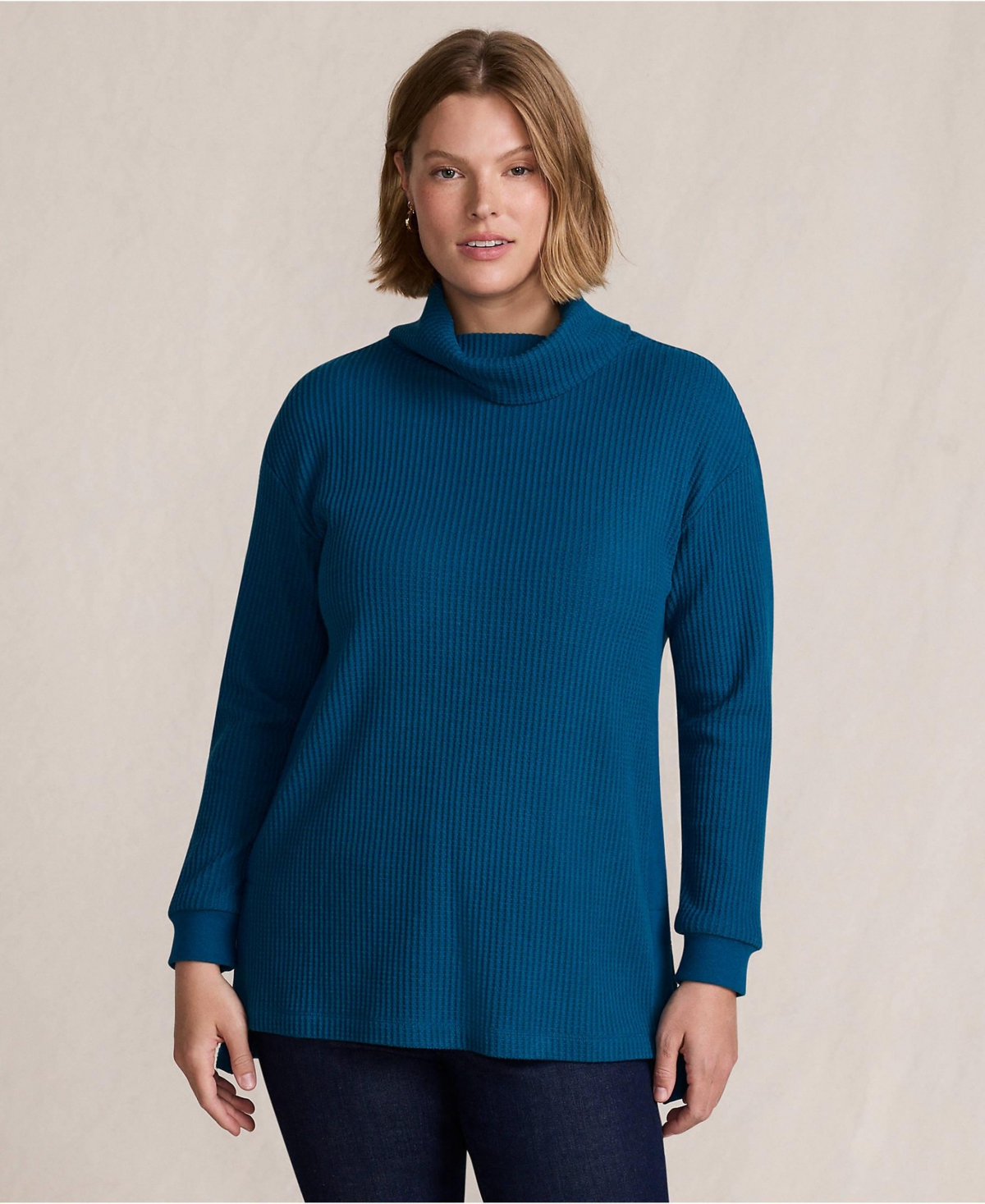 Click here for Lands End Plus Size Long Sleeve Waffle Cowl Neck T... prices