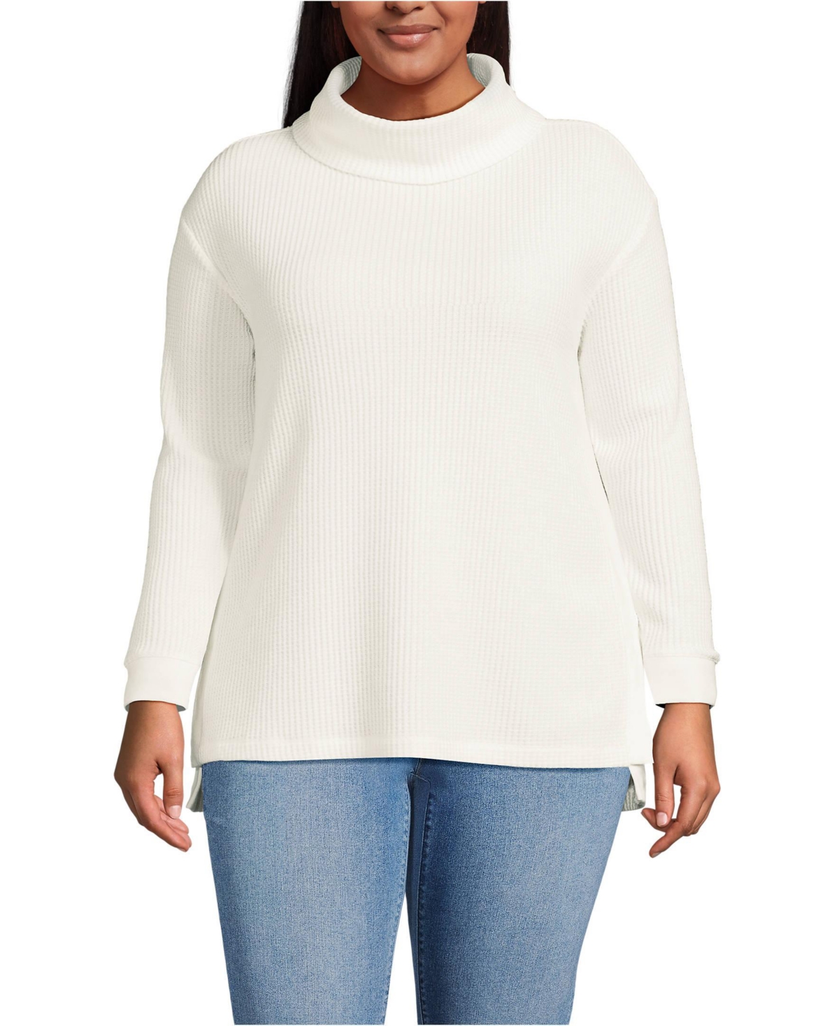 Click here for Lands End Plus Size Long Sleeve Waffle Cowl Neck T... prices