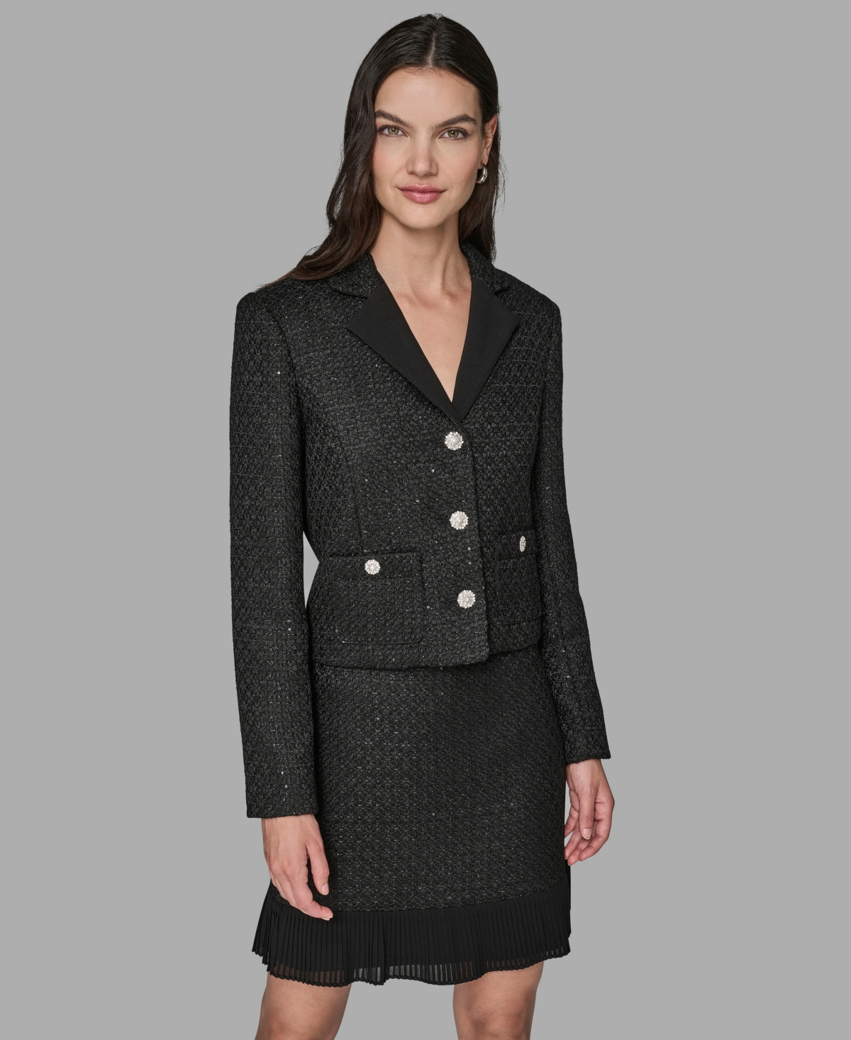 Karl Lagerfeld Paris Womens Novelty Cropped Button Front Jacket - Black