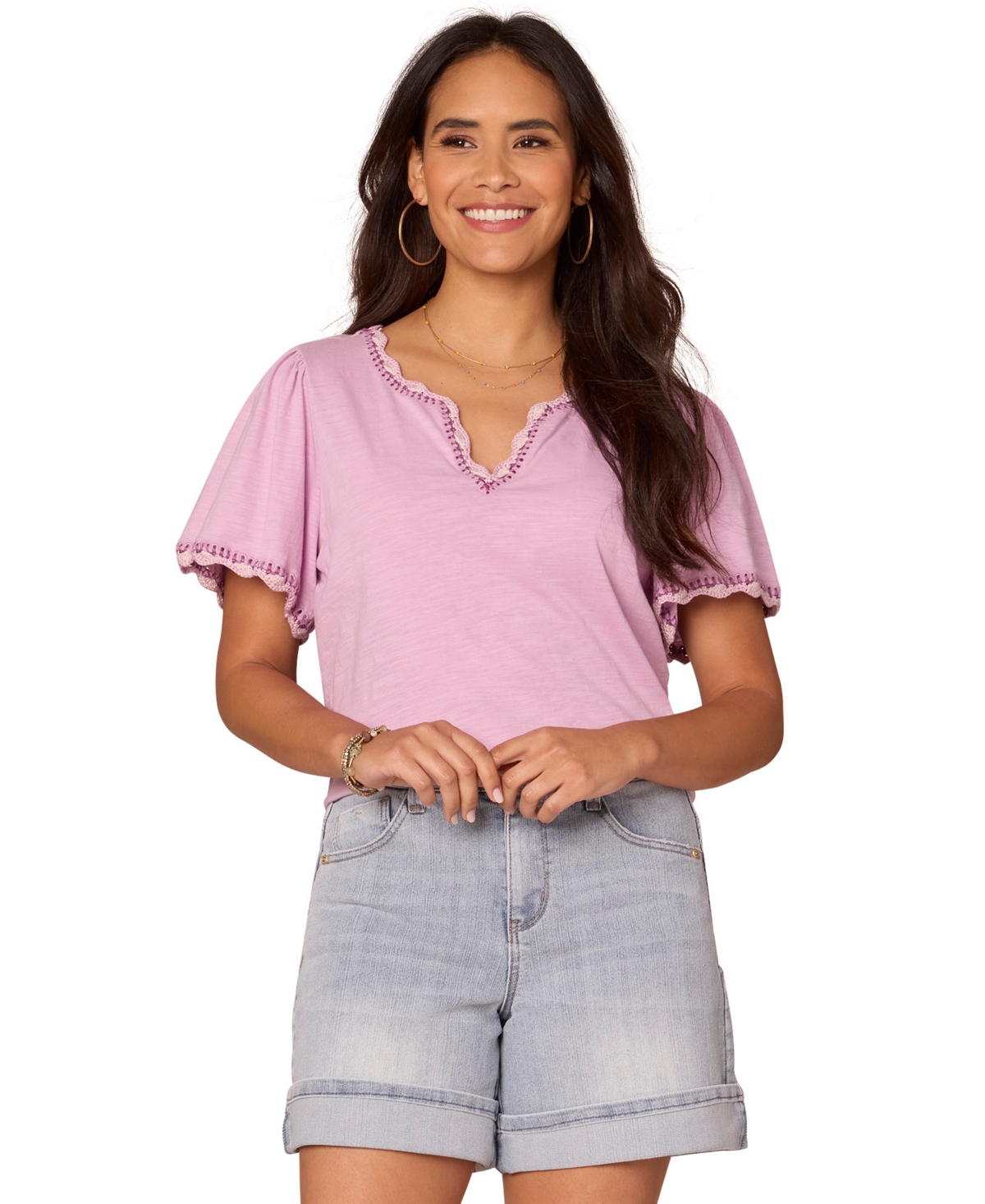 Click here for Democracy Womens Petite Crochet Split V-Neck Top -... prices