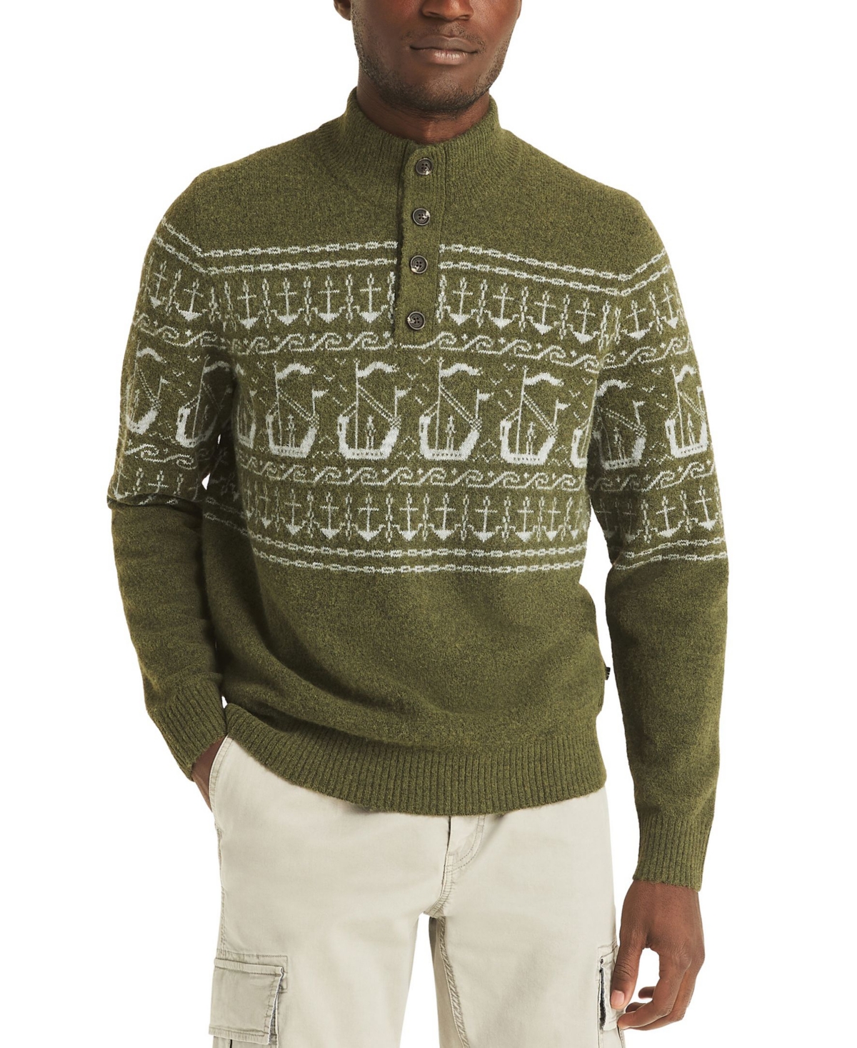Click here for Nautica Mens Fairisle Button Up Mock Neck Sweater... prices
