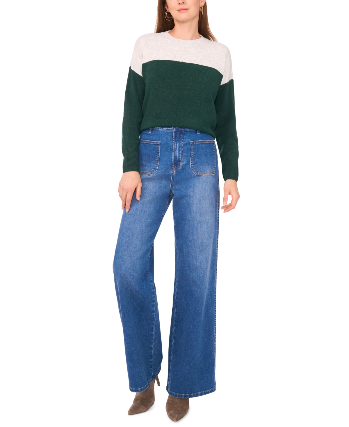 Vince Camuto Womens Cozy Extended Shoulder Color Blocked Sweater - Windsor Moss