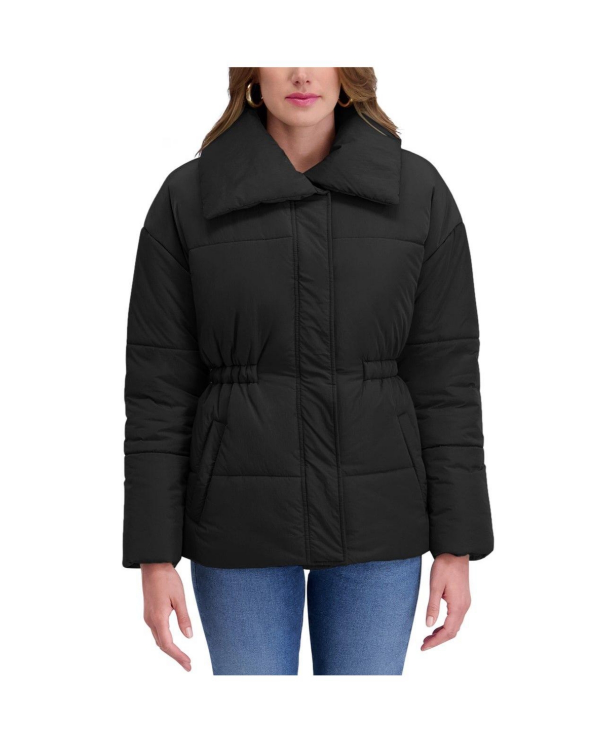 Click here for Kensie Cinched Waist Puffer - Black prices