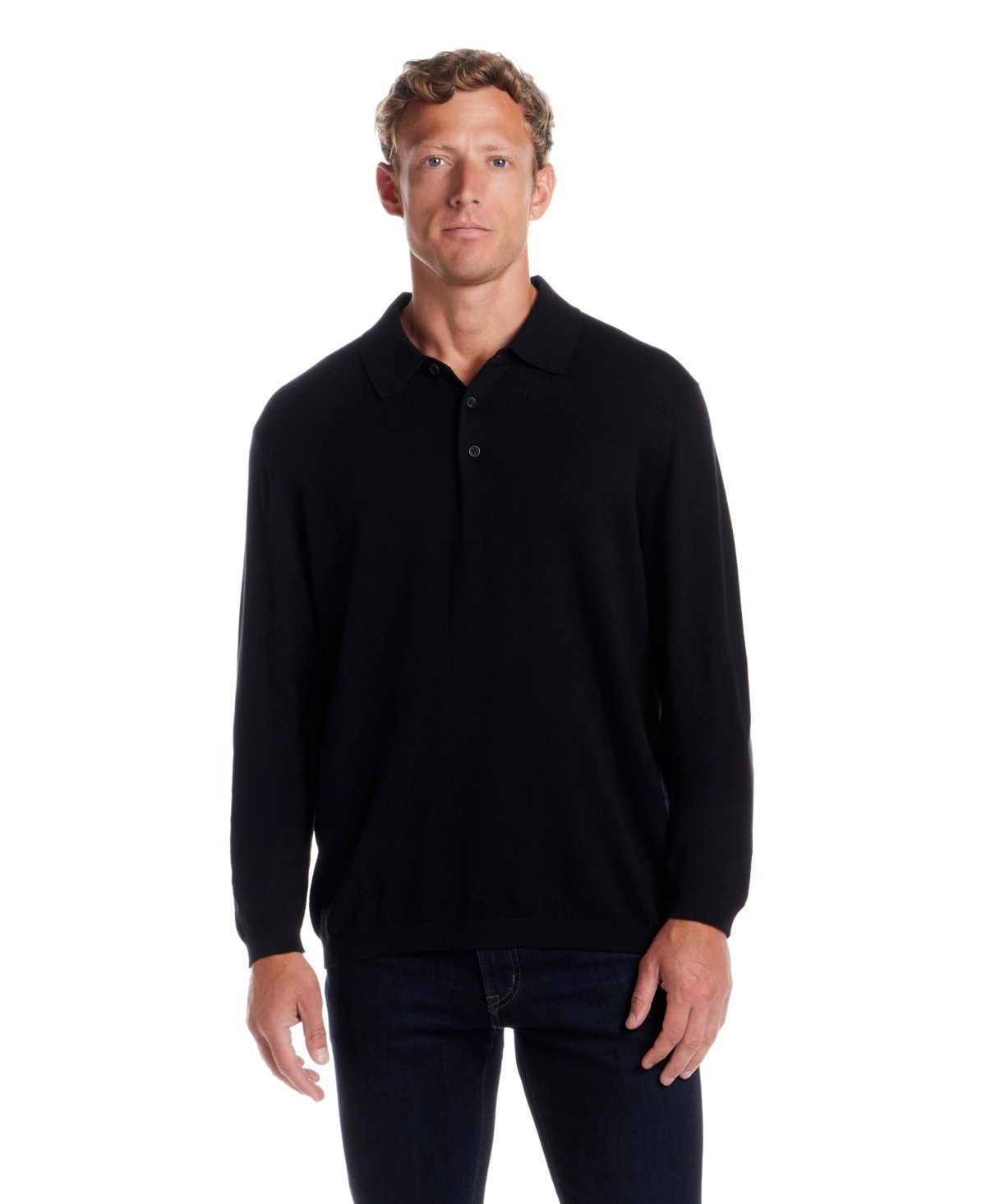 Weatherproof Vintage Mens Cotton Cashmere Long Sleeve Polo Sweater - Black