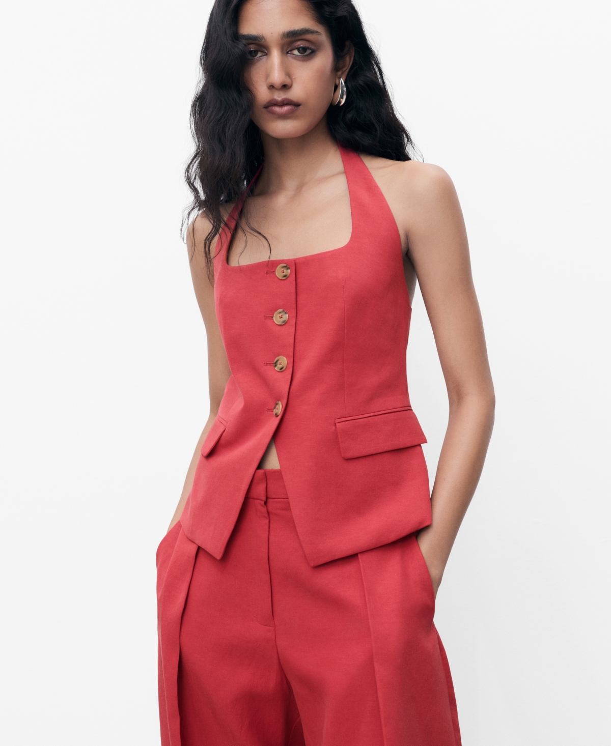 Click here for Mango Womens Linen-Blend Suit Vest - Cherry prices