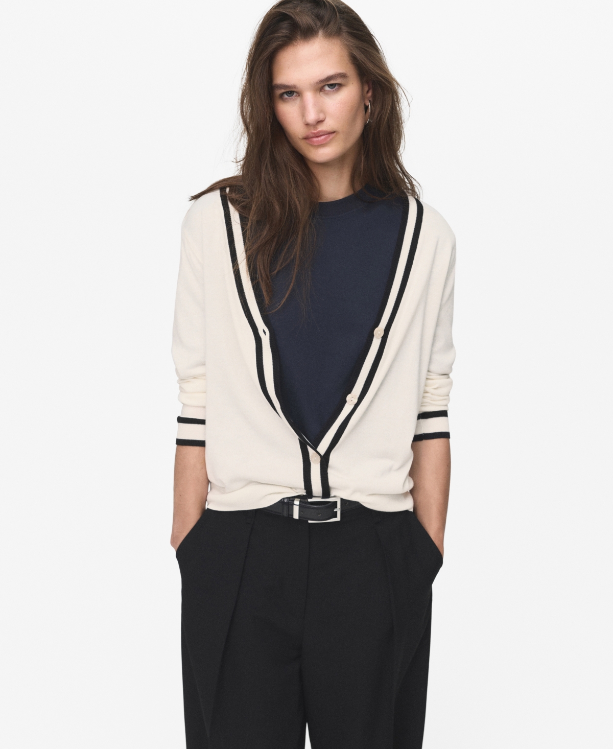 Click here for Mango Womens Contrasting Stripes Cardigan - Ecru prices