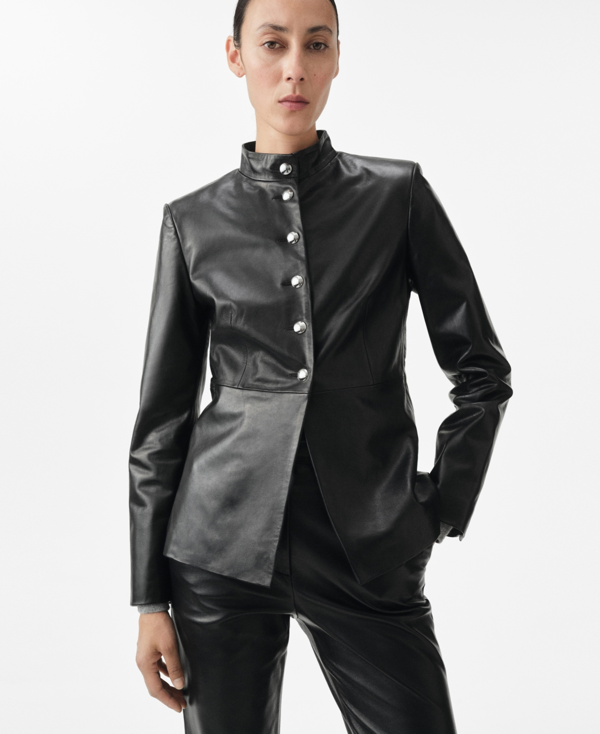 Click here for Mango Womens Leather Buttons Jacket - Black prices