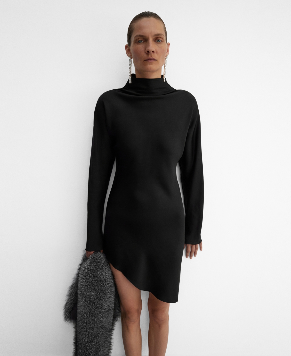 Click here for Mango Womens Asymmetrical Satin-Finish Dress - Bla... prices