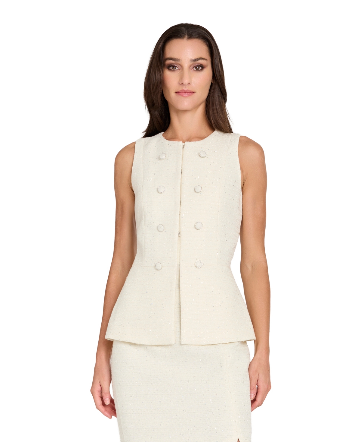 Tahari Asl Womens Collarless Cropped Boucle Vest - Vanilla
