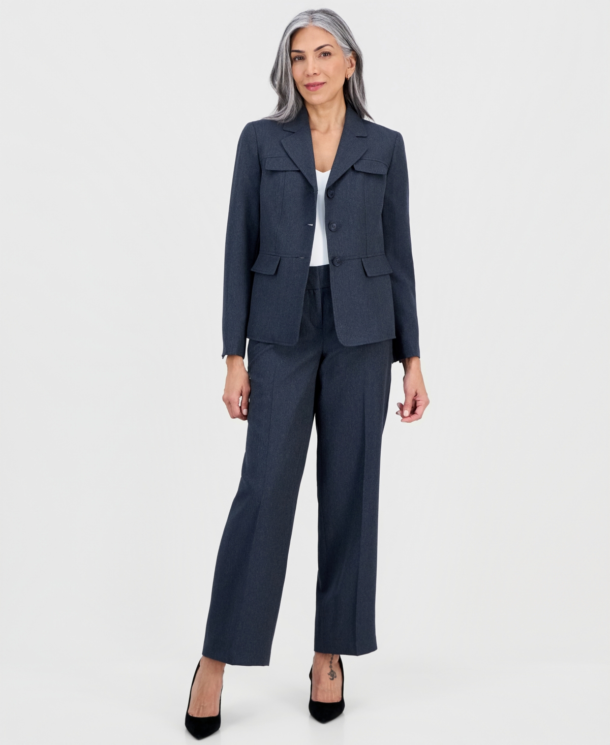 Click here for Le Suit Womens Notch-Lapel Button-Front Pantsuit -... prices