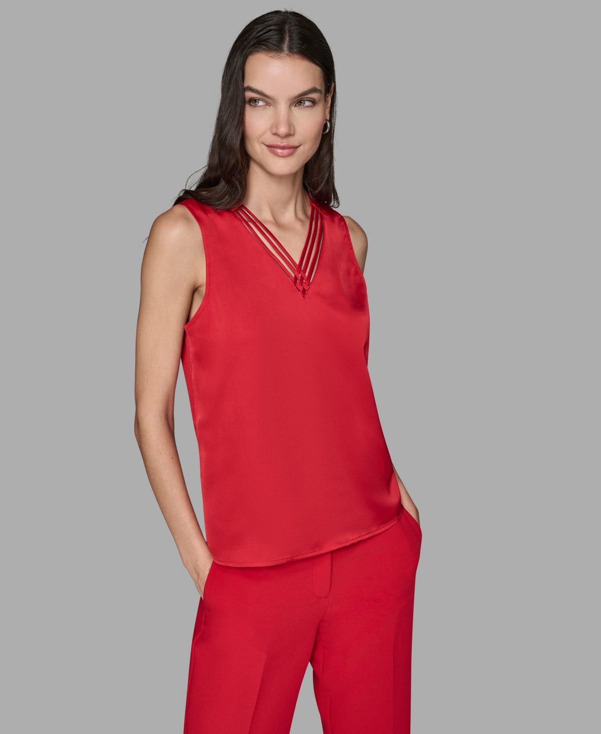 Karl Lagerfeld Paris Womens Sleeveless Criss Cross Top - Admiral Red