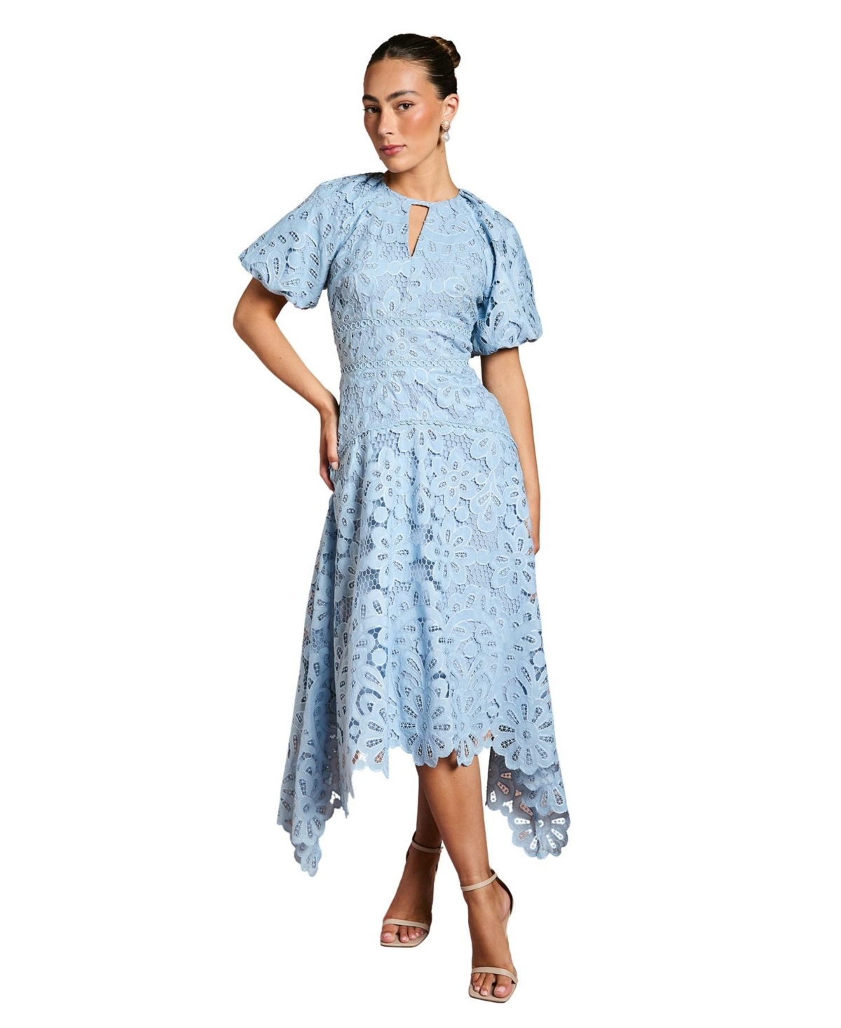 Click here for Coast Womens Lace Hanky Hem Puff Sleeve Dress - Li... prices